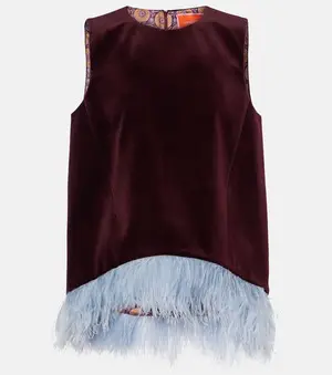 La DoubleJ Feather-trimmed Velvet Top - Purple