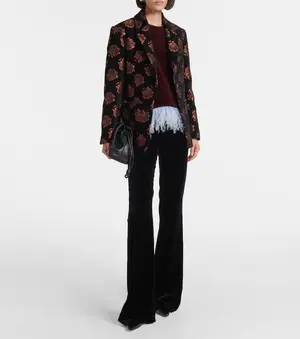 La DoubleJ Feather-trimmed Velvet Top - Purple
