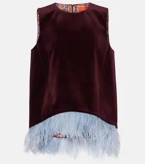 La DoubleJ Feather-Trimmed Velvet Top Purple