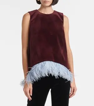 La DoubleJ Feather-trimmed Velvet Top - Purple