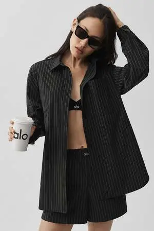 Alo Yoga Pinstripe Daylight Button Down Long Sleeve Top - Black/titanium