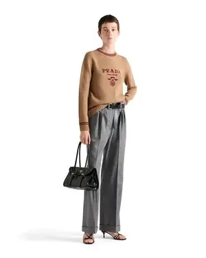 Prada Wool And Cashmere Crew-neck Sweater With Intarsia Logo - Brown
