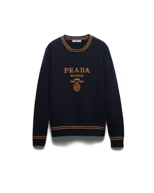 Prada Wool And Cashmere Crew-neck Sweater With Intarsia Logo - Blue
