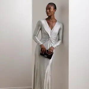 Ralph Lauren Ralph Lauren Metallic Knit Twist-front Gown Pewter/silver Foil