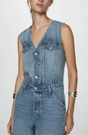 Mango Sleeveless Wide Leg Denim Jumpsuit