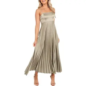 PETAL & PUP Keegan Pleated Satin Dress - Olive