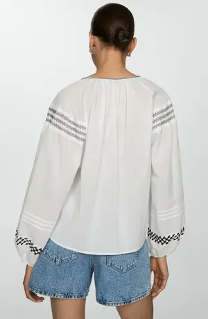 Mango Embroidered Cotton Peasant Top