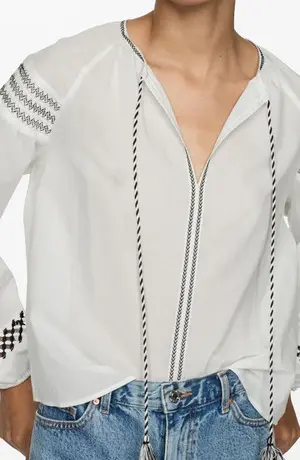 Mango Embroidered Cotton Peasant Top