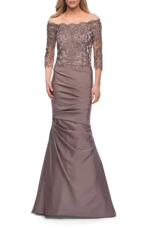 La Femme Satin Mermaid Gown With Lace Bodice - Cocoa