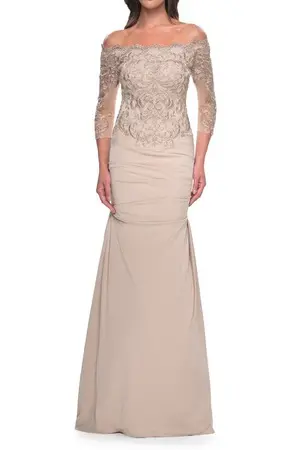 La Femme Satin Mermaid Gown With Lace Bodice - Light Gold
