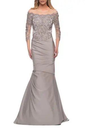 La Femme Satin Mermaid Gown With Lace Bodice - Silver