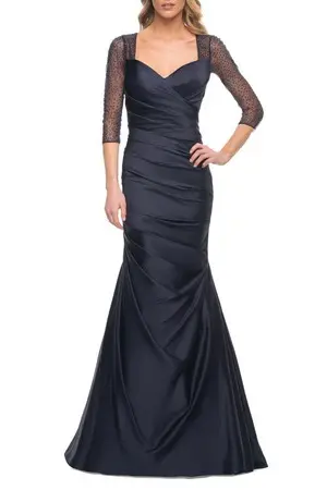 La Femme Mermaid Satin Pleated Gown With Illusion Beaded Sleeves - Navy