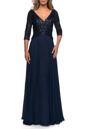 La Femme Long Chiffon Evening Gown With Sequined Bodice