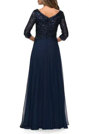 La Femme Long Chiffon Evening Gown With Sequined Bodice