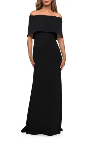 La Femme Off-the-shoulder Jersey Gown - Black
