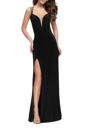 La Femme Long Column Gown With Slit - Black