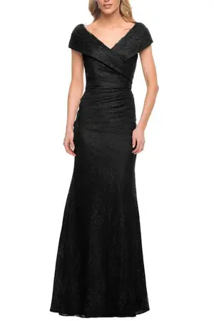 La Femme Lace Off The Shoulder Evening Gown - Black