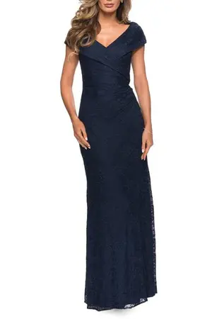 La Femme Lace Off The Shoulder Evening Gown - Navy