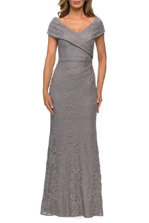 La Femme Lace Off The Shoulder Evening Gown - Platinum