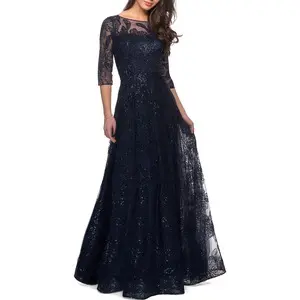La Femme A-line Lace Sequin Gown - Navy