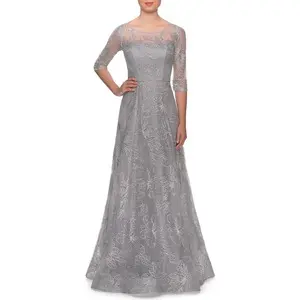 La Femme A-line Lace Sequin Gown - Silver