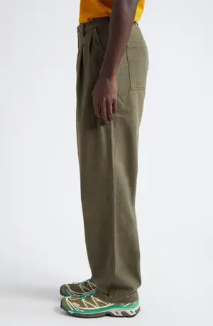 NOAH Double Pleat Cotton Pants - Dark Olive