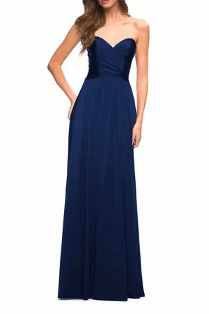 La Femme Strapless Jersey Gown With Slit - Navy
