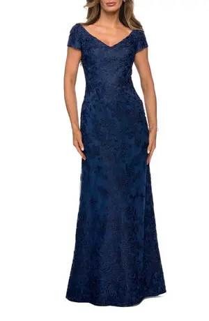 La Femme Lace Evening Gown - Navy