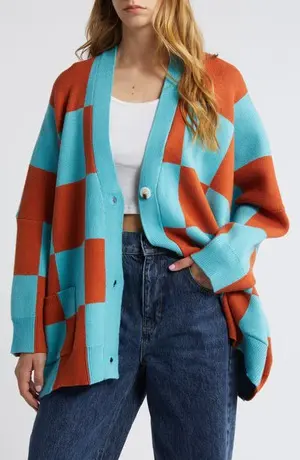DRESSED IN LALA Oversized Checkered Cardigan - Blue Orange Checkerboard
