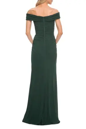 La Femme Ruched Off-the-shoulder Evening Gown - Emerald