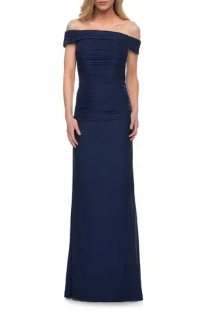 La Femme Ruched Off-the-shoulder Evening Gown - Navy