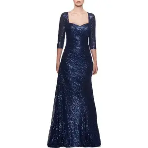 La Femme Floor Length Sequin Gown - Navy