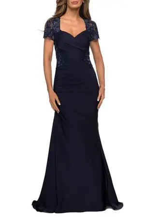 La Femme Satin Evening Gown - Navy