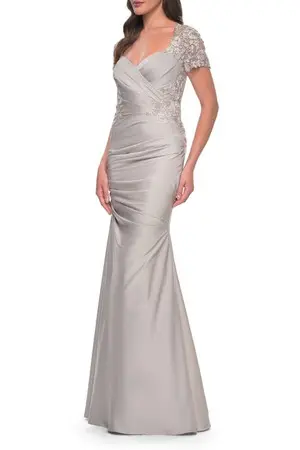 La Femme Satin Evening Gown - Silver