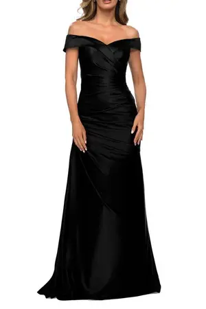 La Femme Off-the-shoulder Satin Evening Gown - Black