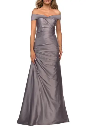 La Femme Off-the-shoulder Satin Evening Gown - Platinum