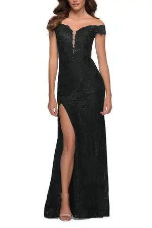 La Femme Lace Off-the-shoulder Gown - Black