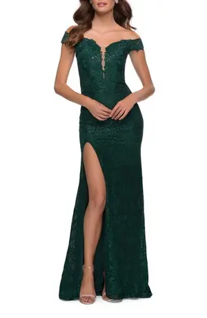 La Femme Lace Off-the-shoulder Gown - Emerald