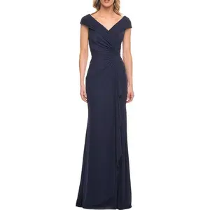 La Femme Net Jersey Long Gown - Navy