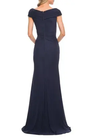 La Femme Net Jersey Long Gown - Navy