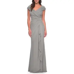 La Femme Net Jersey Long Gown - Silver