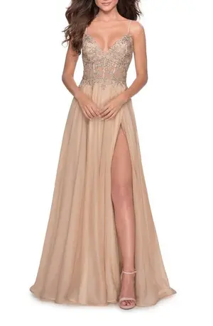 La Femme A-line Gown With Floral Bodice - Nude