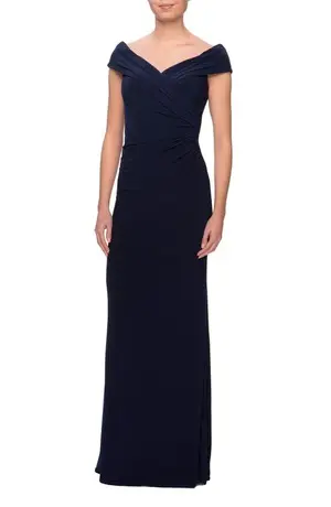 La Femme Off The Shoulder Jersey Dress - Navy