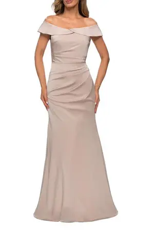 La Femme Off-the-shoulder Satin Evening Gown - Champagne