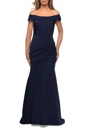 La Femme Off-the-shoulder Satin Evening Gown - Navy