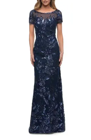 La Femme Long Beaded Floral Gown - Navy