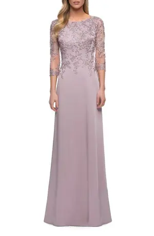 La Femme Jersey Gown With Lace Bodice - Light Mauve