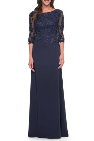 La Femme Jersey Gown With Lace Bodice - Navy