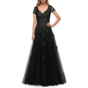 La Femme Tulle A-line Gown With Lace Applique - Black