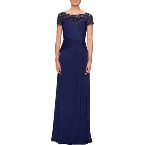 La Femme Jersey Gown With Floral Neckline - Navy
